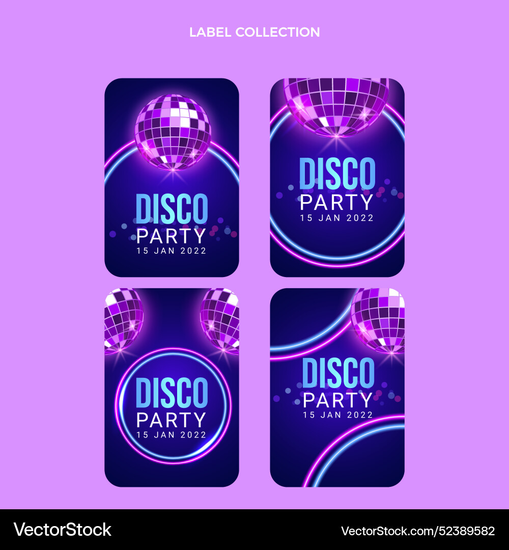 Realistic neon disco party labels collection Vector Image