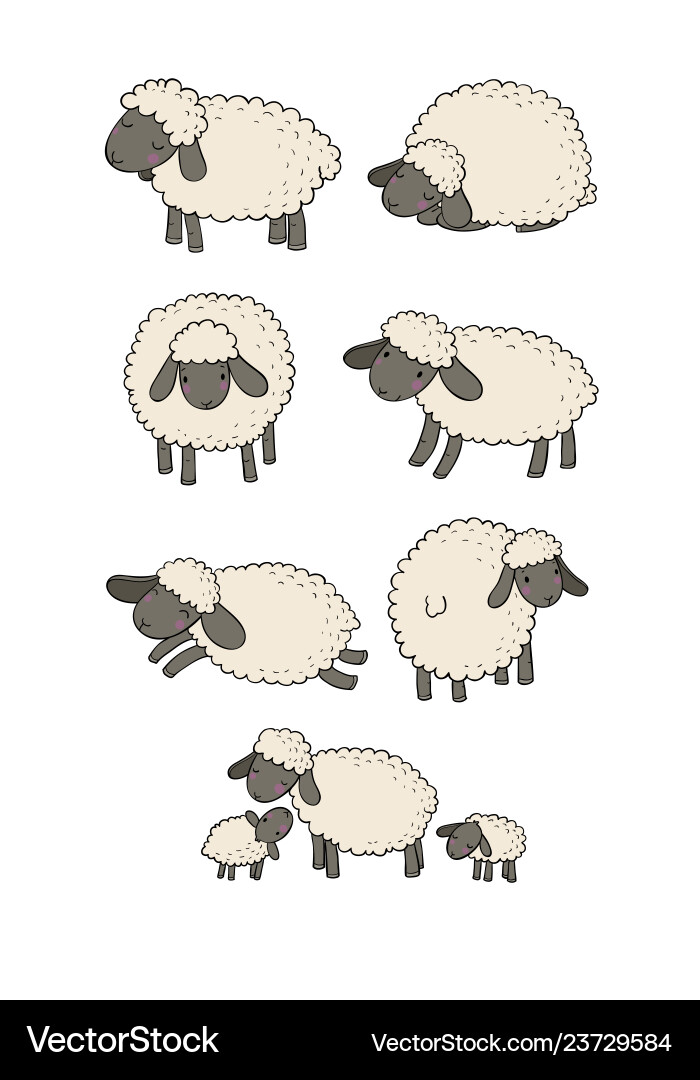 Adorable Cartoon Sheep Set - Farm Animals Vector Image