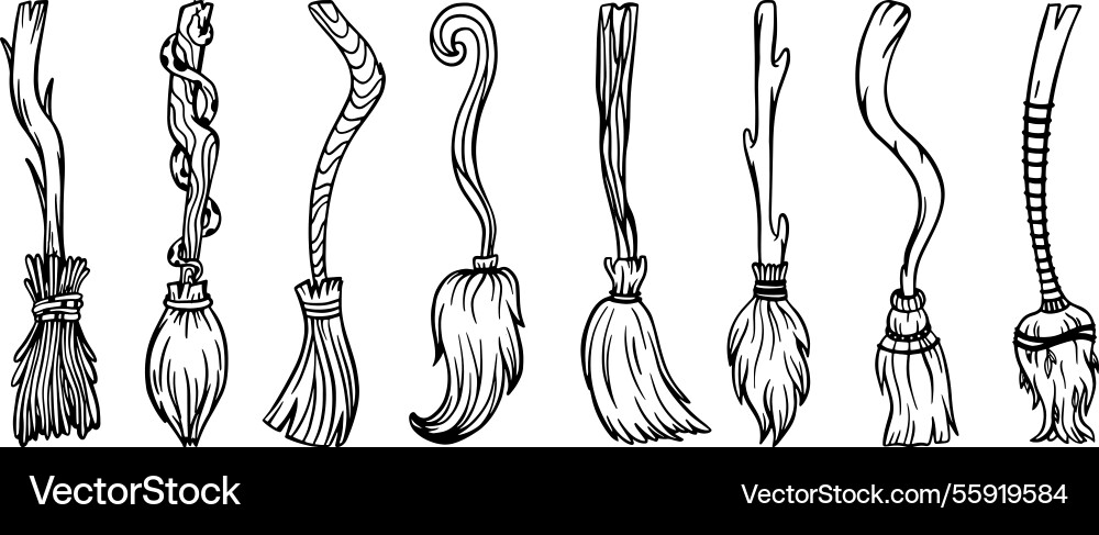 Doodle witch brooms magic flying broom Royalty Free Vector