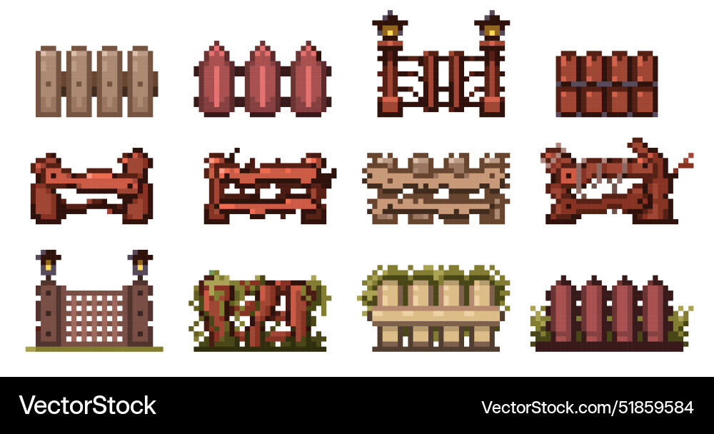Pixel wooden fences retro 8 bit game asset Vector Image