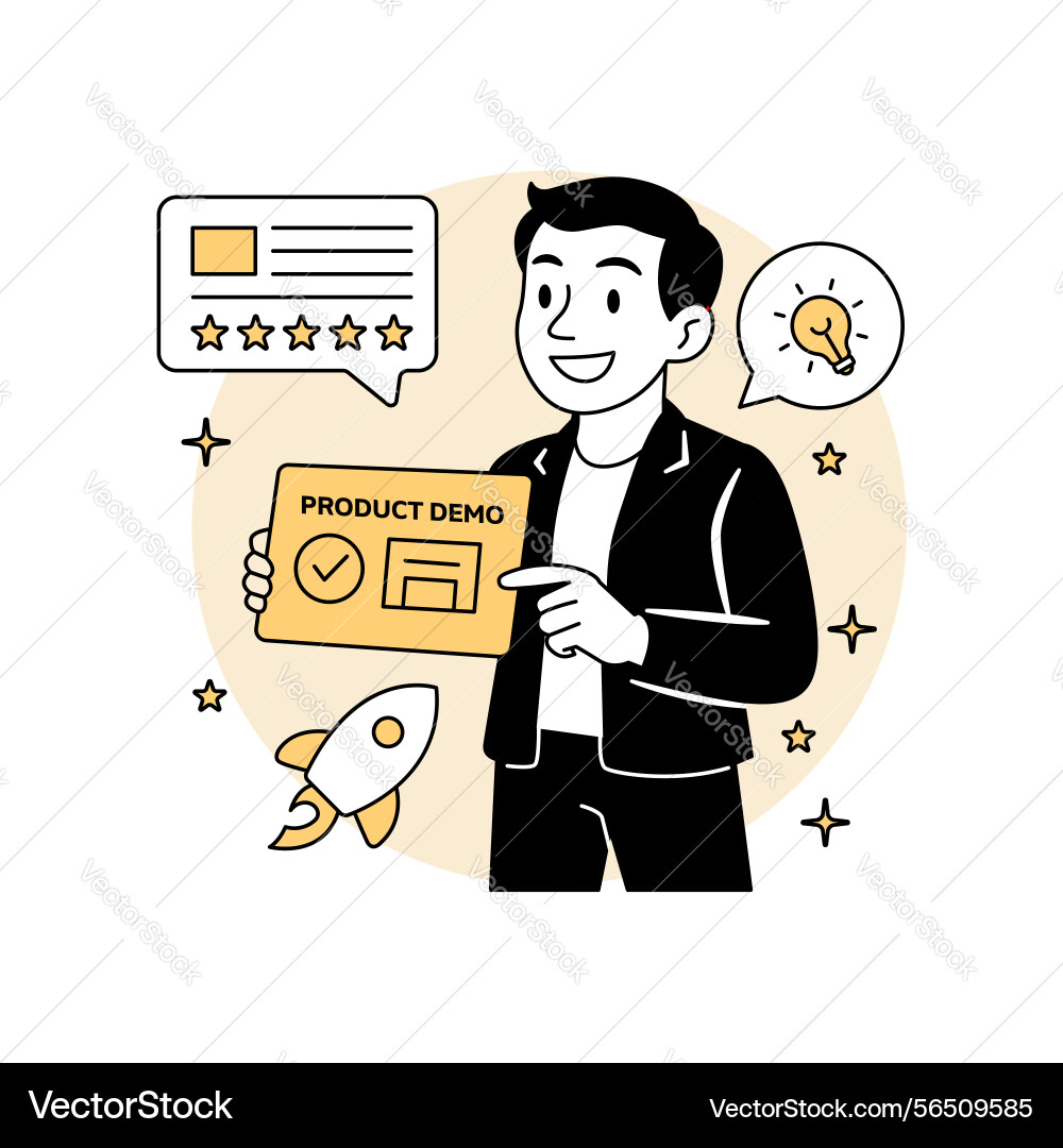 A smiling man presenting product demo Royalty Free Vector