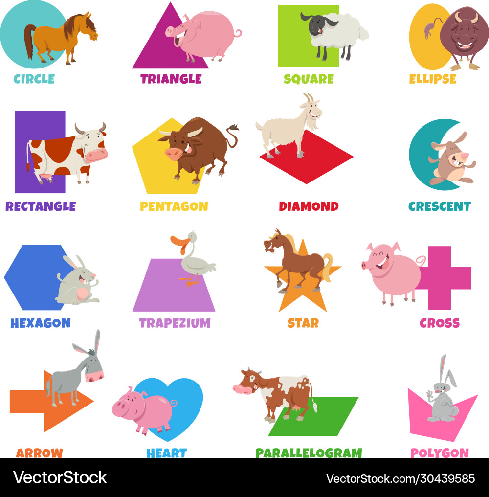 Geometric shapes with cartoon farm animals set Vector Image