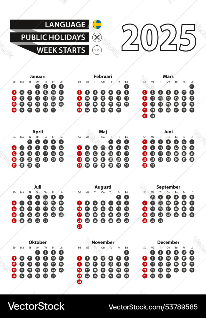 Swedish calendar 2025 with numbers in circles Vector Image