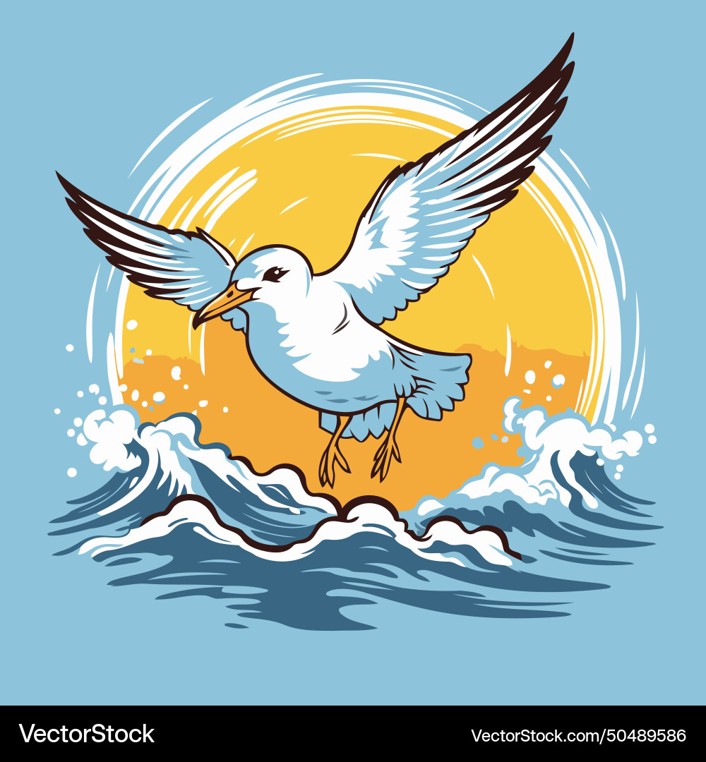 Seagull flying on the waves in retro style Vector Image