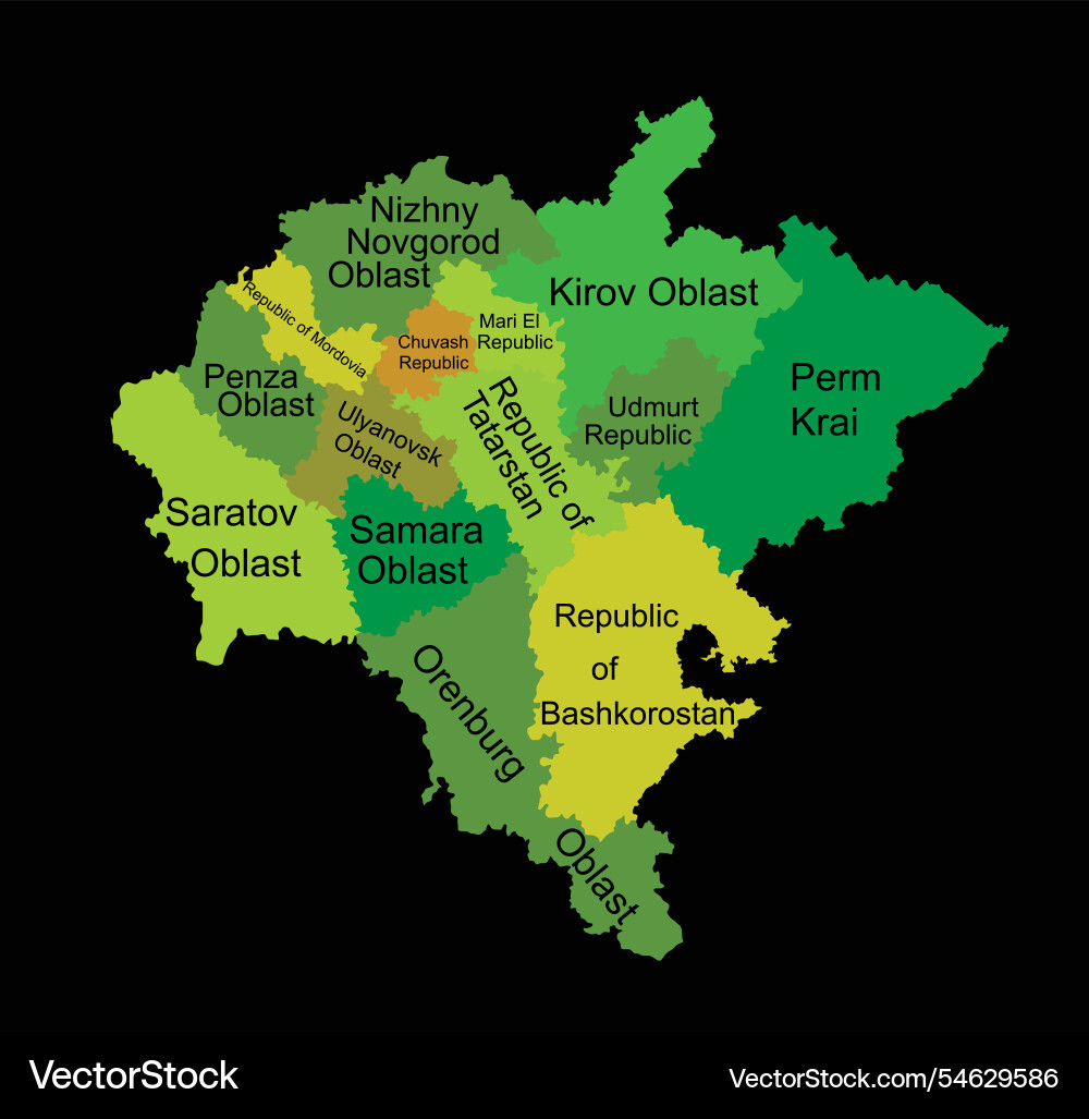 Volga federal district map silhouette Royalty Free Vector