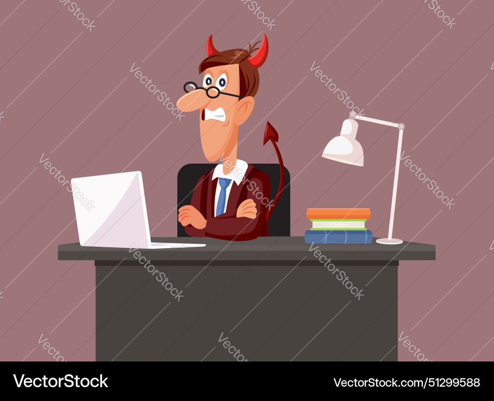 Evil boss standing at his desk cartoon Royalty Free Vector