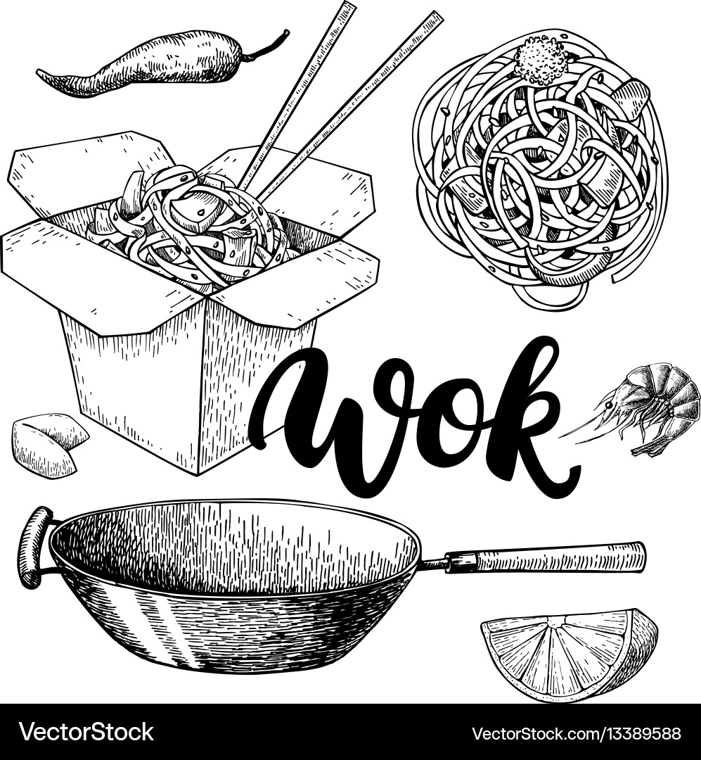 Wok drawing with lettering isolated Royalty Free Vector