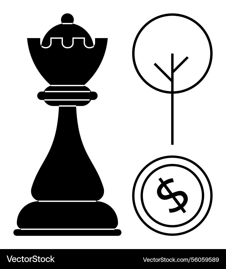 Chess piece tree symbol and dollar coin Royalty Free Vector