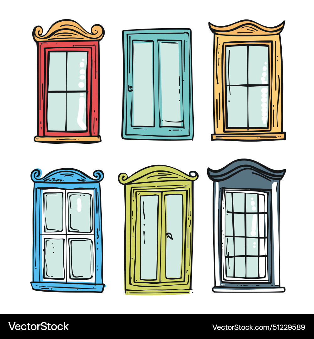 Collection vintage windows handdrawn doodle style Vector Image