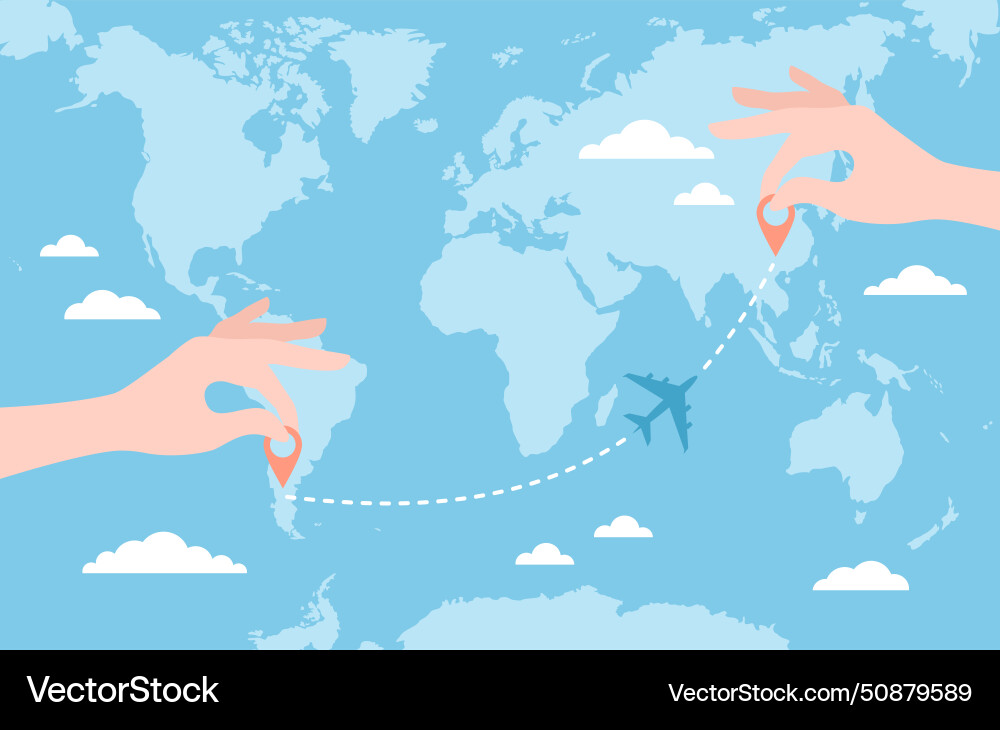 Two hands putting pin icons on a blue world map Vector Image