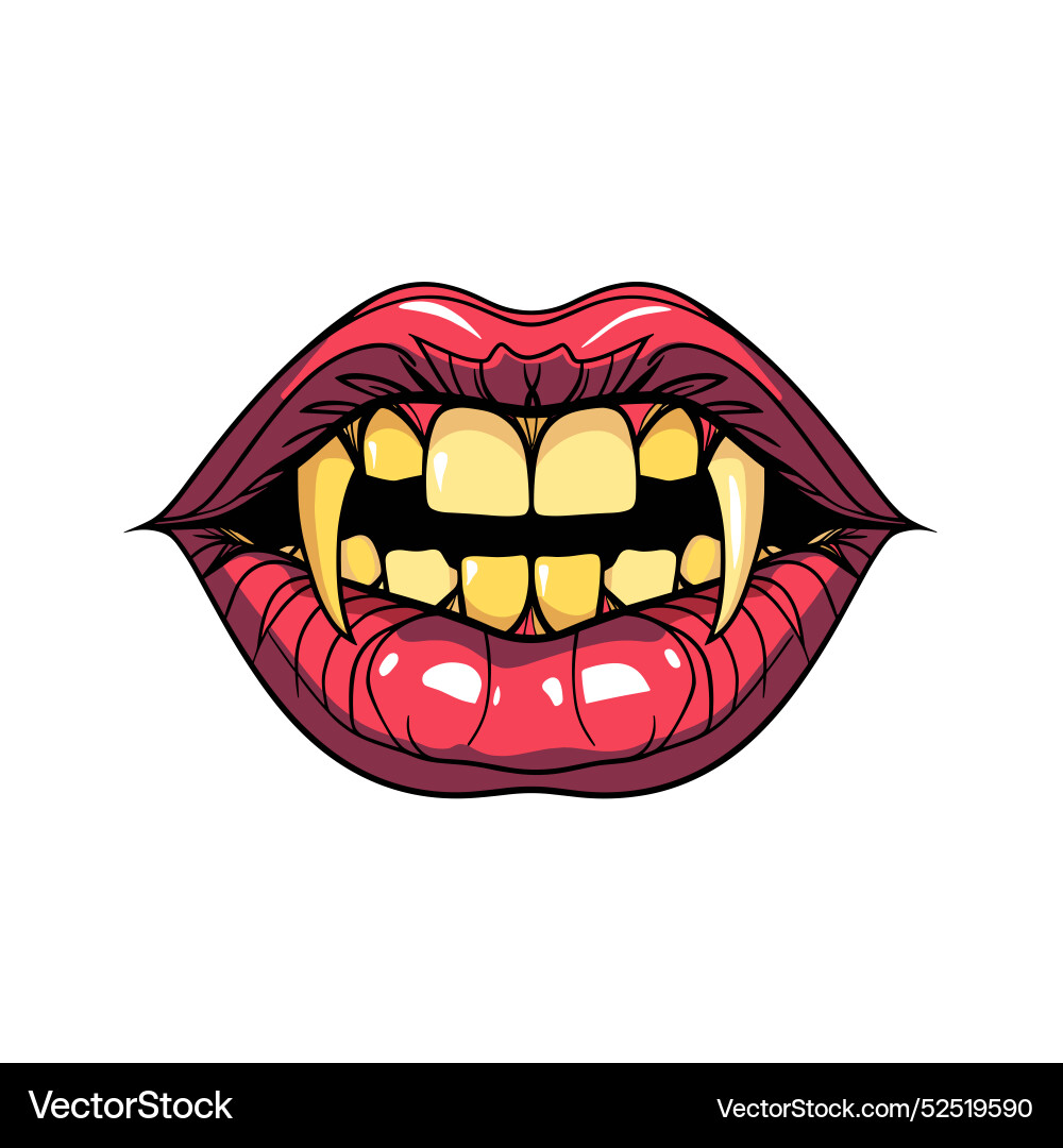 Bright red lips fangs protruding yellow teeth Vector Image