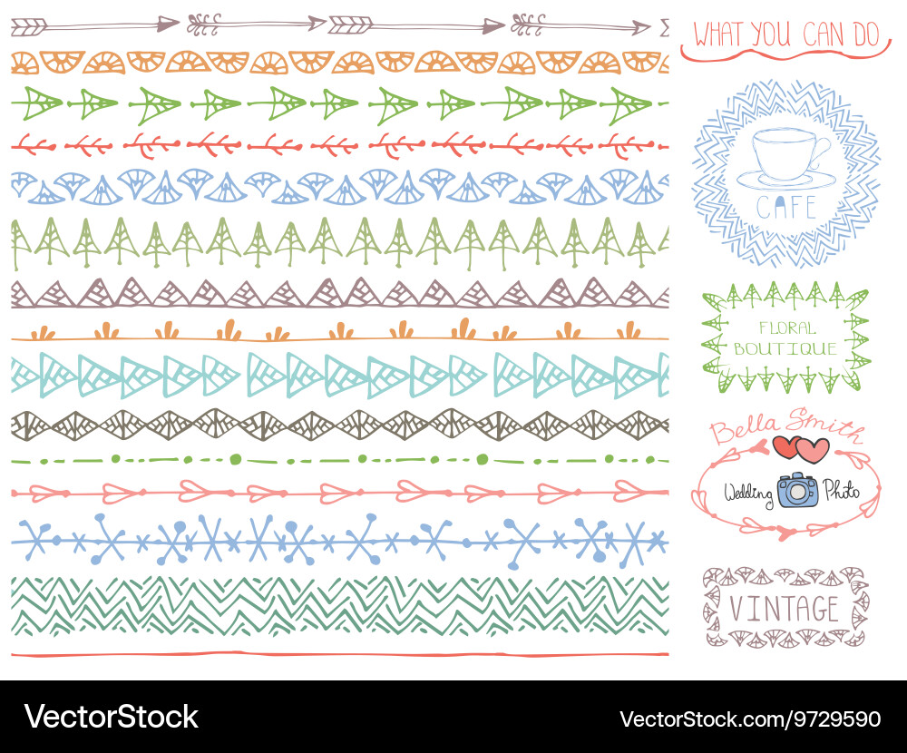 Doodle hand drawn seamless line borders set Vector Image