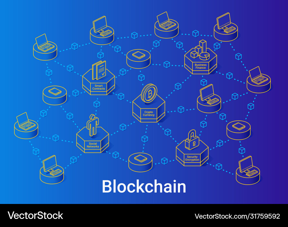 Blockchain isometric linear blue Royalty Free Vector Image