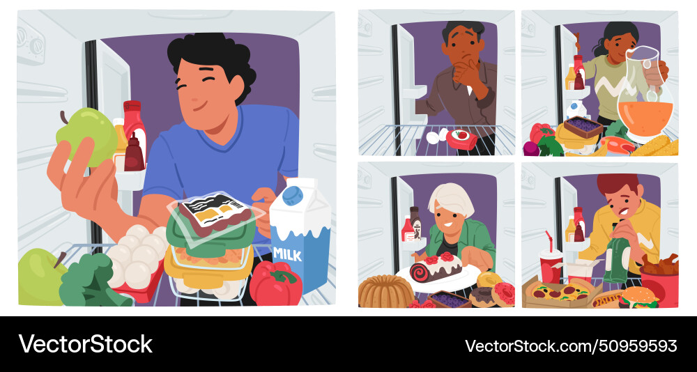 People inside fridge rummaging for food light Vector Image