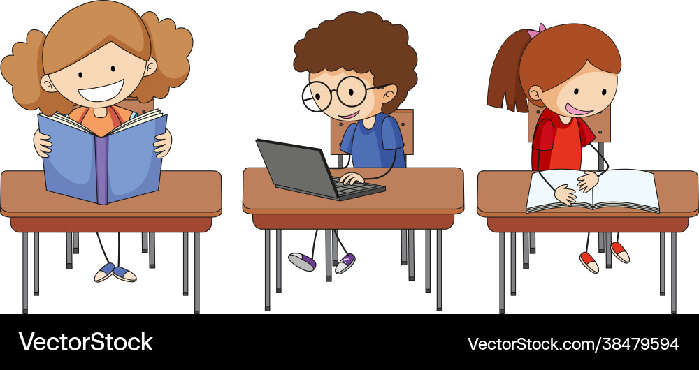 Set doodle kids doing homework cartoon Royalty Free Vector
