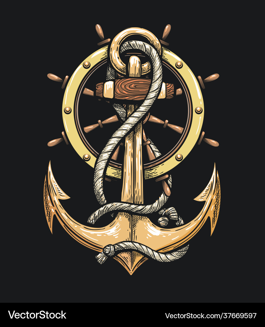 Anchor in ropes and ship wheel Royalty Free Vector Image