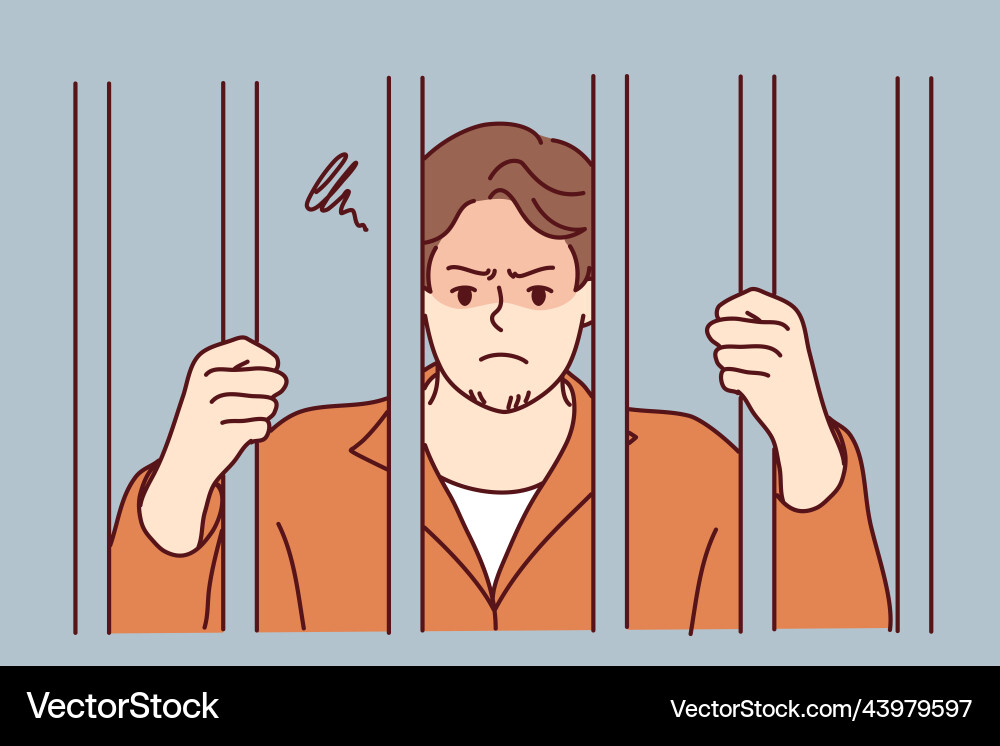 Angry man criminal behind jars in prison Vector Image