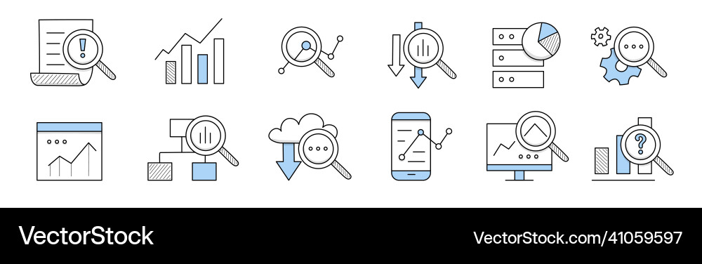 Data analysis icons analytics research Royalty Free Vector