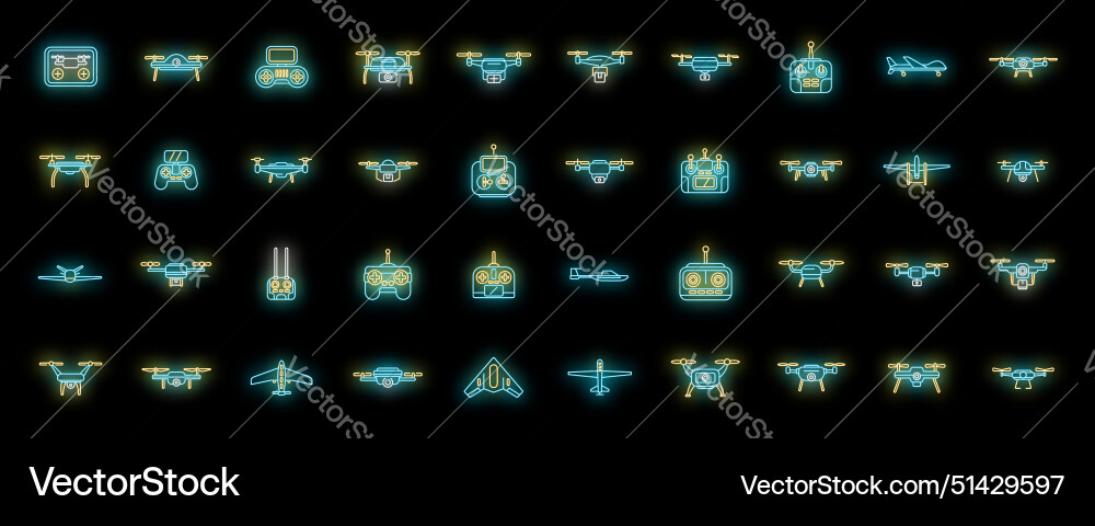 Drone technology icons set neon Royalty Free Vector Image