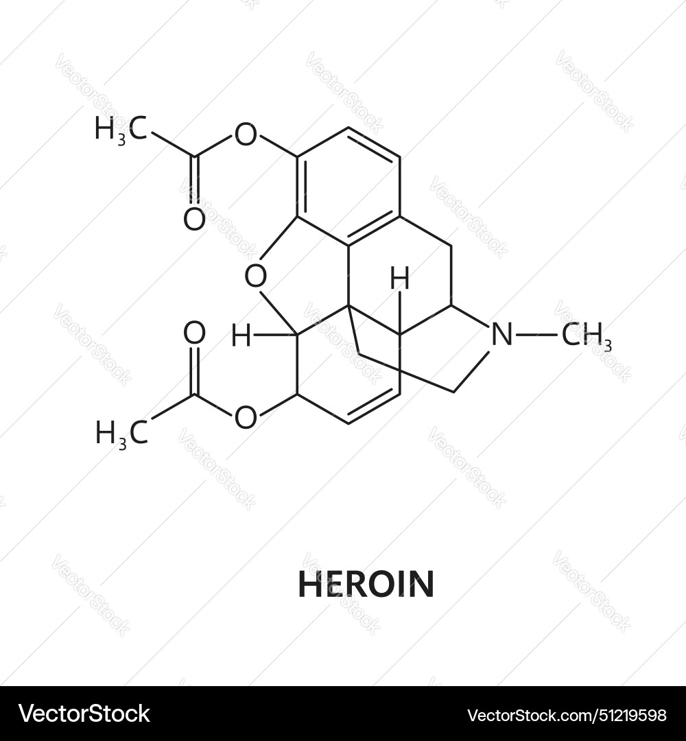Heroin drug molecule formula chemical structure Vector Image