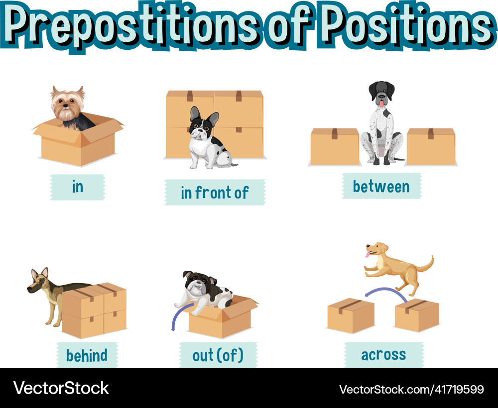 Preposition wordcard with dog and box Royalty Free Vector