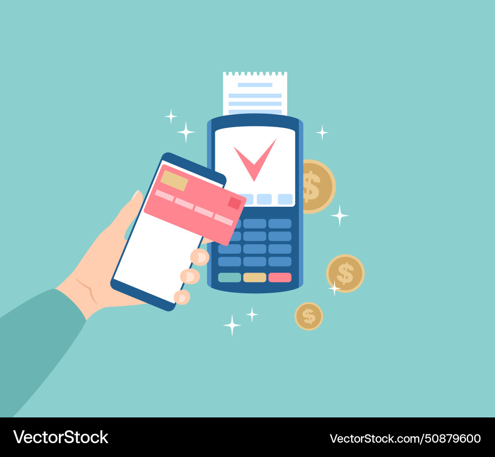 Hand holding smartphone near pos terminal Vector Image