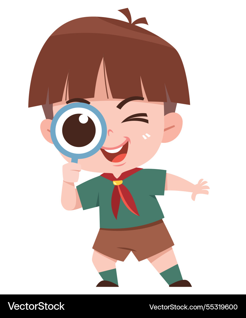 Playful young scout with magnifying glass Vector Image