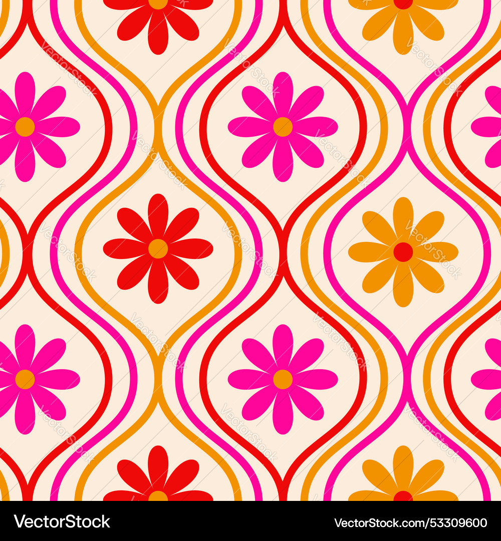 Retro flowers on ogee waves seamless pattern Vector Image