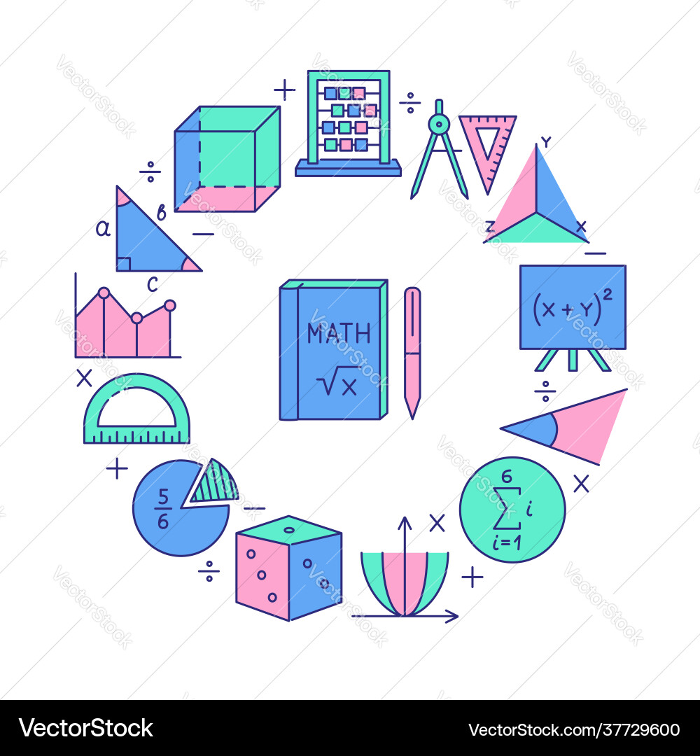 Round banner with math symbols and instruments Vector Image
