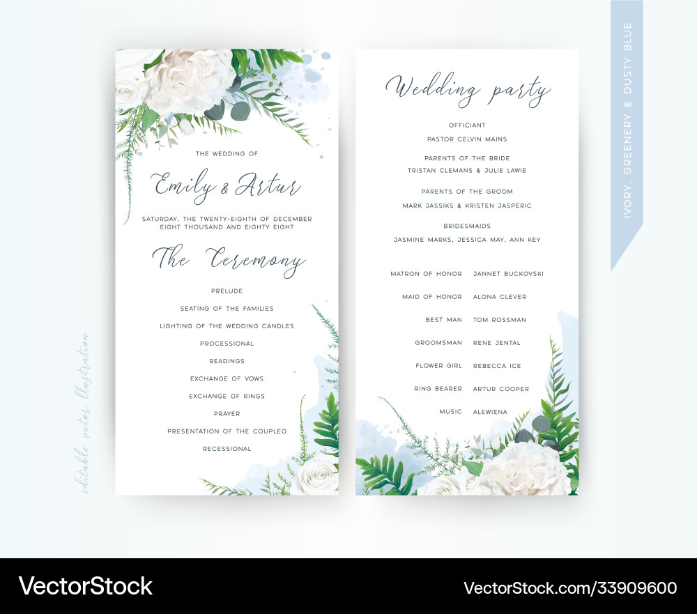 Wedding program card floral template dusty blue Vector Image