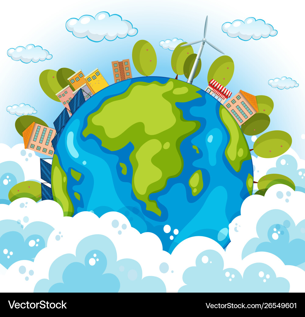 Earth with houses and trees in sky Royalty Free Vector Image