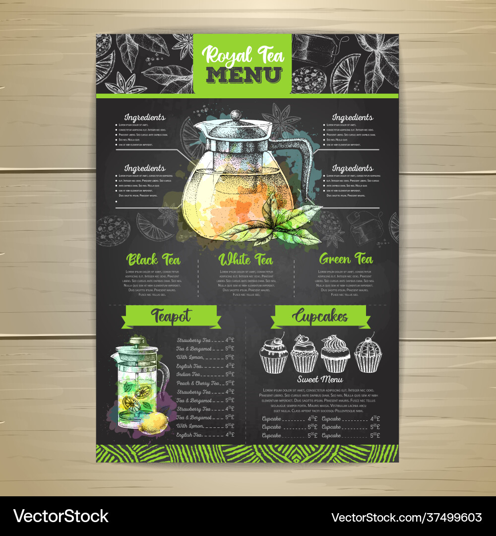 Chalk drawing artistic restaurant royal tea menu Vector Image