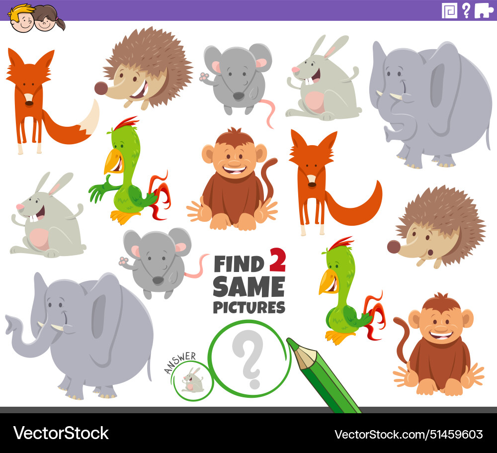 Find two same cartoon animal characters activity Vector Image