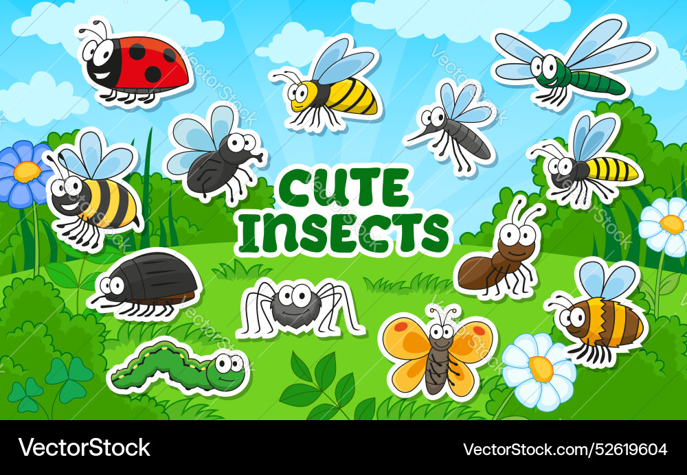 Cartoon funny insect characters stickers pack Vector Image