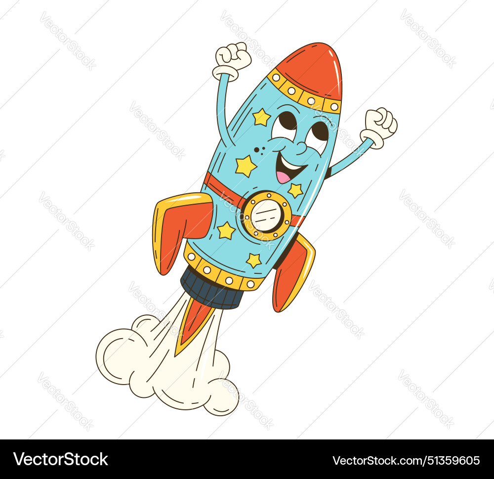 Cartoon groovy space rocket retro character Vector Image