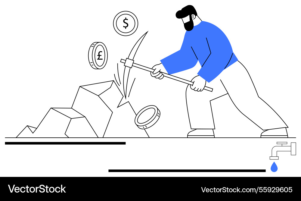 Person mining rocks to extract currency coins Vector Image