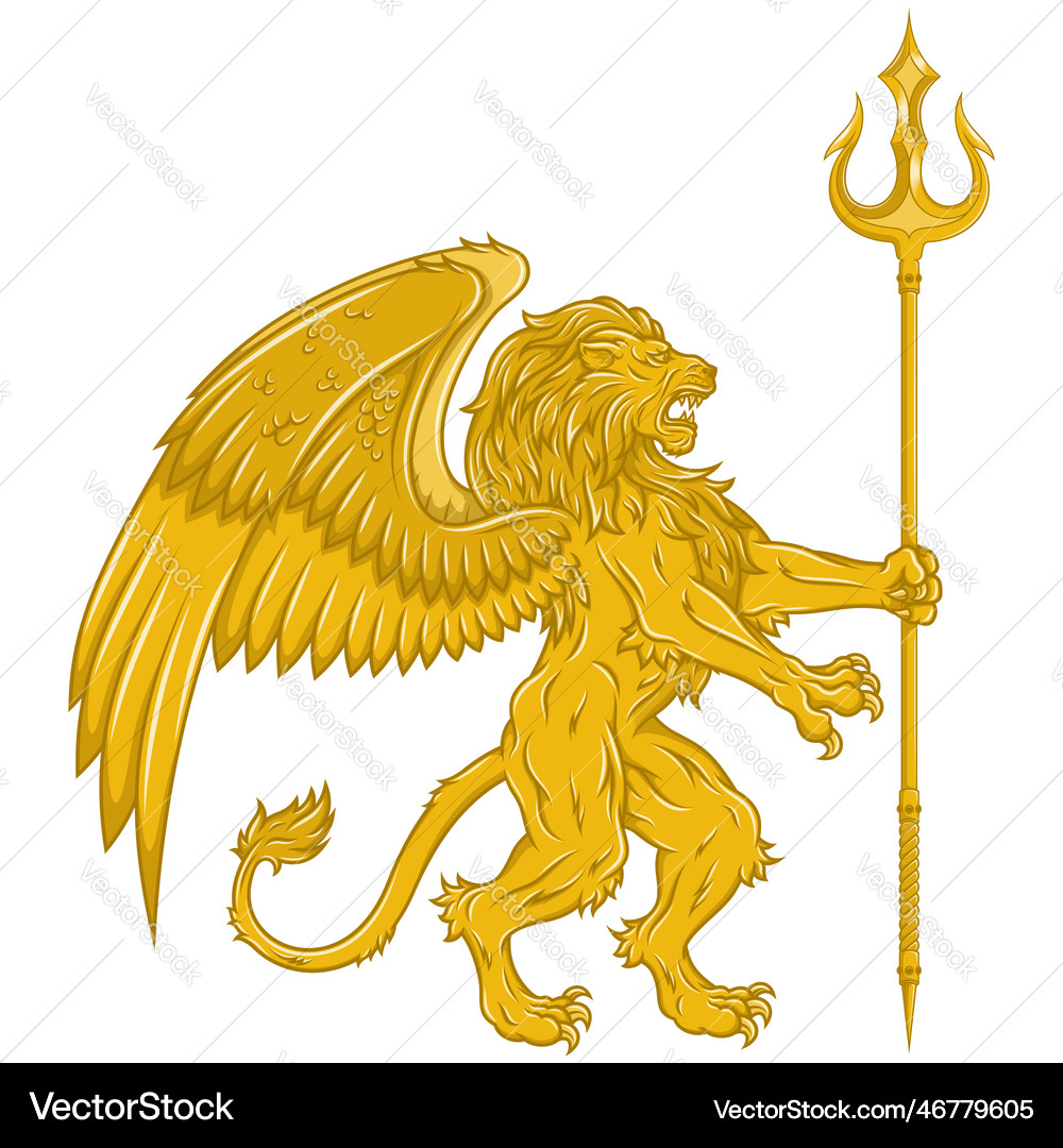 Winged rampant lion with trident Royalty Free Vector Image