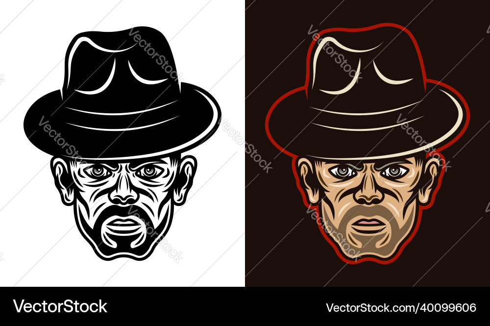 Gangster man head in fedora hat with bristle two Vector Image