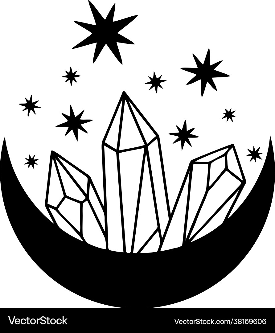Magic black moon with stars and crystals on white Vector Image