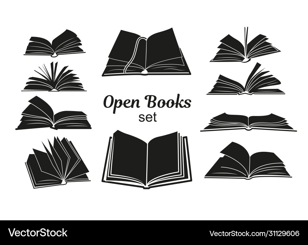 Open book black silhouettes set Royalty Free Vector Image