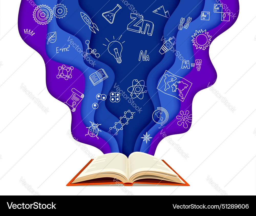 Paper cut science banner with book and symbols Vector Image