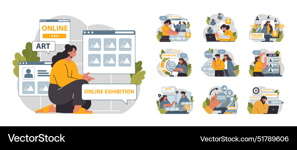 Virtual events set online education conference Vector Image