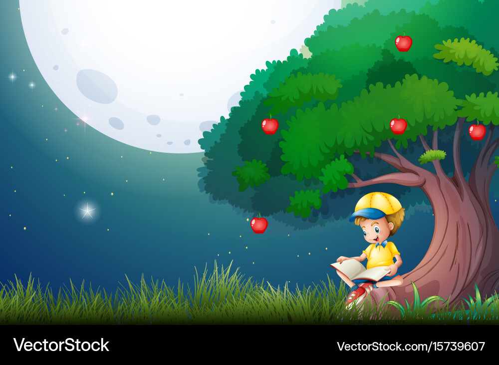 Boy Reading Under Apple Tree Royalty Free Vector Image