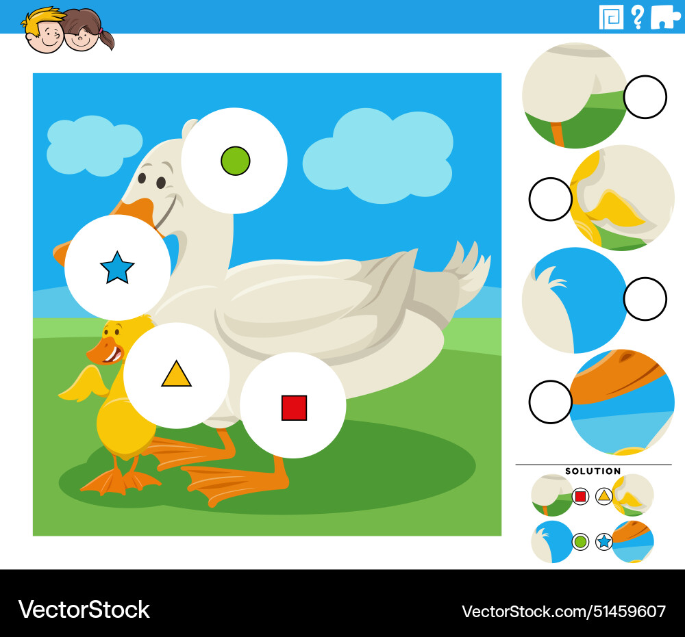 Match the pieces game with cartoon duck Royalty Free Vector