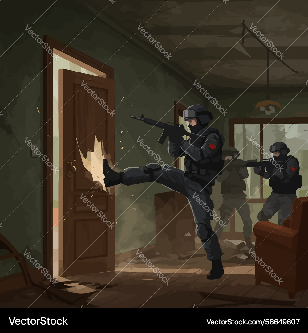 Team breaking down door during armed building Vector Image