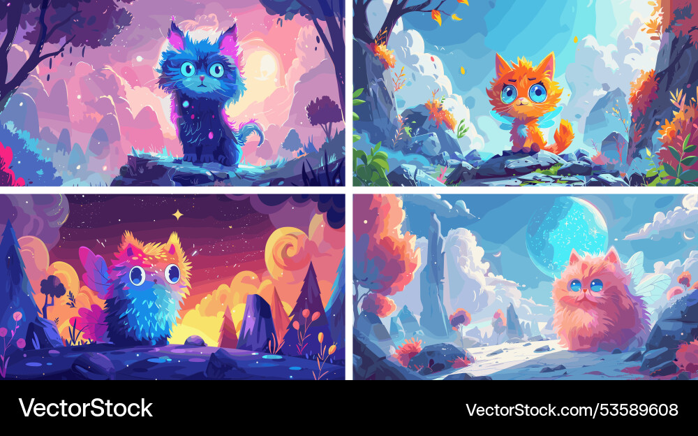 Alien planet cat cartoon scenes cute tail Vector Image
