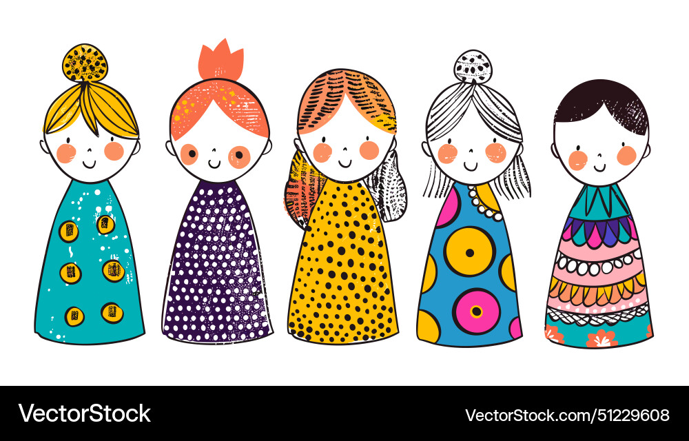 Five cartoon children standing side smiling Vector Image