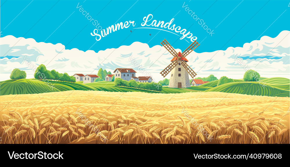 Rural summer landscape with the village Royalty Free Vector
