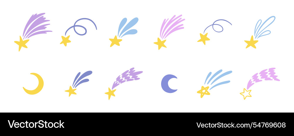 Shooting stars doodle set and moon isolated Vector Image