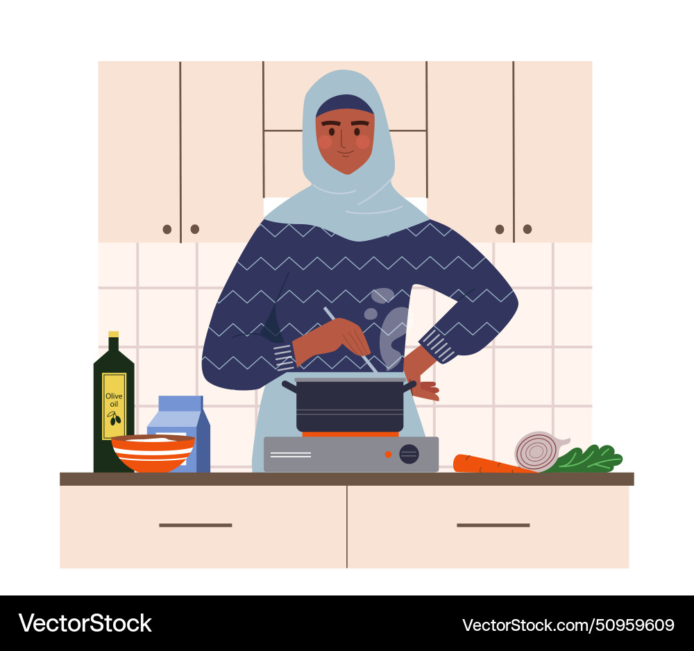 Arab woman cooking at kitchen Royalty Free Vector Image